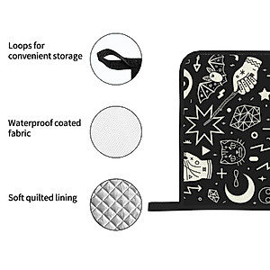 Magical Style Hand Eyes Moon Skull Cat Bat Snake Key 4pcs Oven Mitts and Pot Holders Sets,Heat Resistant Non Slip Kitchen Gloves Hot Pads with Inner Cotton Layer for Cooking BBQ Baking Grilling