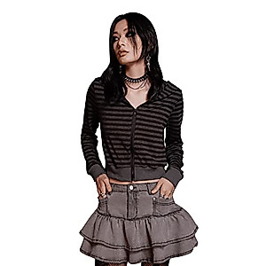 Verdusa Women's Punk Rock Striped Print Zip Up Cropped Hoodie Sweatshirt Shirt Y2K Top Multicolor L