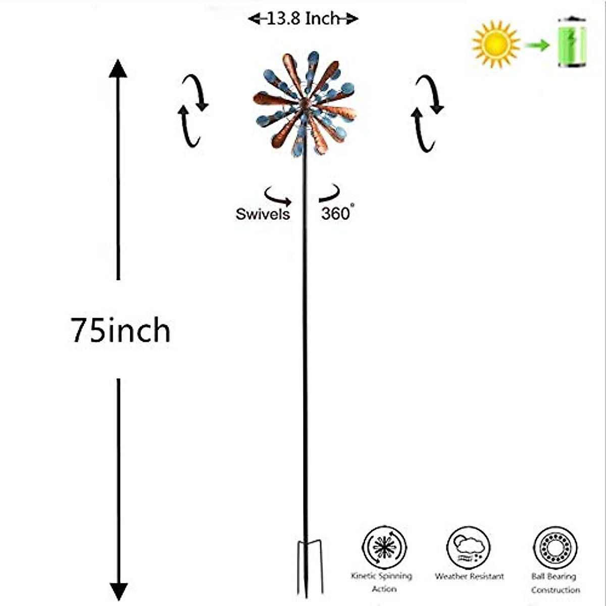 HDNICEZM Solar Wind Spinner New 75in Multi-Color Seasonal LED Lighting Solar Powered Glass Ball with Kinetic 360 Degrees Swivel Wind Spinner Dual Direction for Patio Lawn & Garden