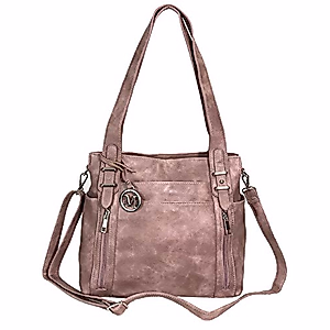 Zzfab Multi Pockets Double Handles Faux Leather Concealed Carry Purse with Hidden Locking Zipper Mauve