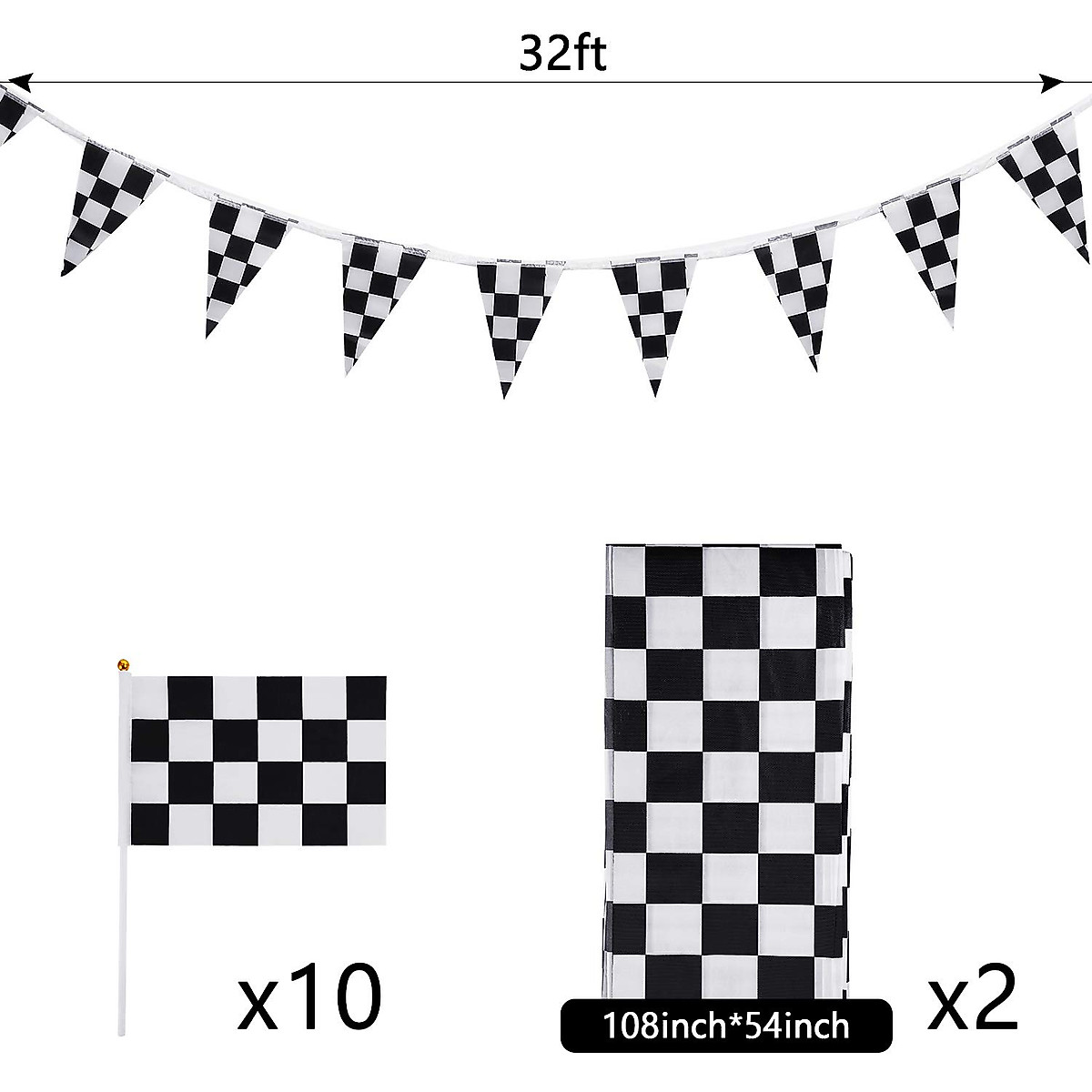 Checkered Flags Set, Race Car Flags Party Supplies Decorations Include 10 Packs Checkered Flags, 32 ft Checkered Race Flag Banner, 2 Packs Table Covers for Checkered Racing Flag Birthdays Party