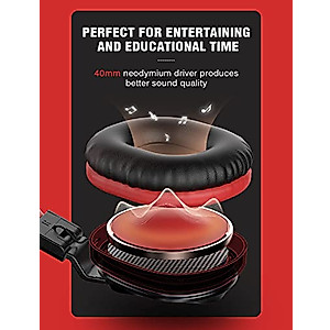 On-Ear Headphones with Microphone, 2022 Newest Foldable Wired Headphones for Adults Kids, Lightweight Portable Stereo Headphones with 1.5M Tangle-Free Cord for School Home, Black in Red (AB078)