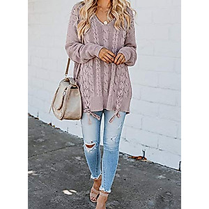 EVALESS Womens Fall Sweater 2023 Fashion Oversized Off The Shoulder Cable Knit V Neck Chunky Pullover Casual Solid Color Winter Long Sleeve Clothes Tops,Pink S