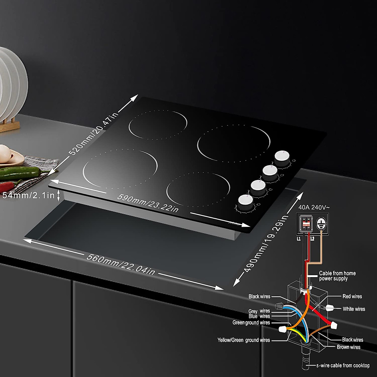 24 Inch Electric Cooktop Hobsir 4 Burners Built-in Radiant Electric Stove, 9 Heating Level, Residual Heat Indicator, Over-Temperature Protection, 220V-240V Hard Wire (No Plug)