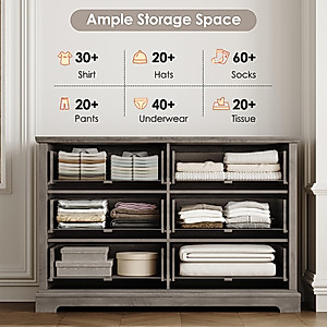 HOSTACK 6 Drawer Double Dresser, Modern Farmhouse Chest of Drawers, Wide Dressers Organizer, Accent Wood Storage Cabinet for Living Room, Hallway, Ash Grey