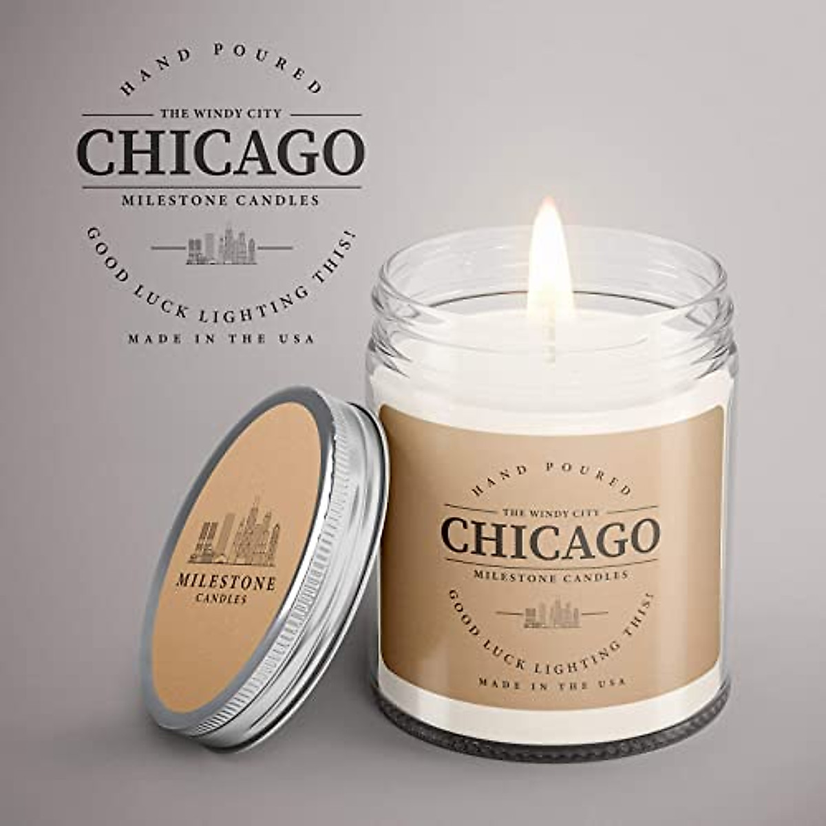 Milestone Candles Windy City Chicago, IL Keepsake Mason Jar Candle 7.5 oz Glass, Made in The USA, Soy Blend, 100% Cotton Wick