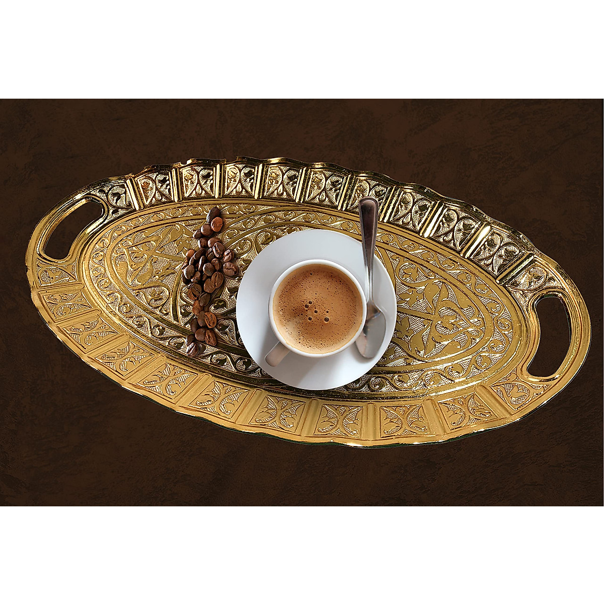 Turkish Tea Coffee Beverage Dinning Serving Tray Ellipse with Handled Ottoman Motif Decorative Middle Table Drink Serving Bathroom Oval Suitable for Gift Tray (14.1x8.2x1 INC) 35.8x20.5x2cm Gold