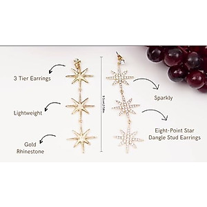 Blingsoul Gold Star Crystal Dangle Earrings – Sparkly Gold Rhinestone Earrings Dangling Style with Hexagram Star Earrings for Women Brides | [J100046] Star Snowflakes | Gold