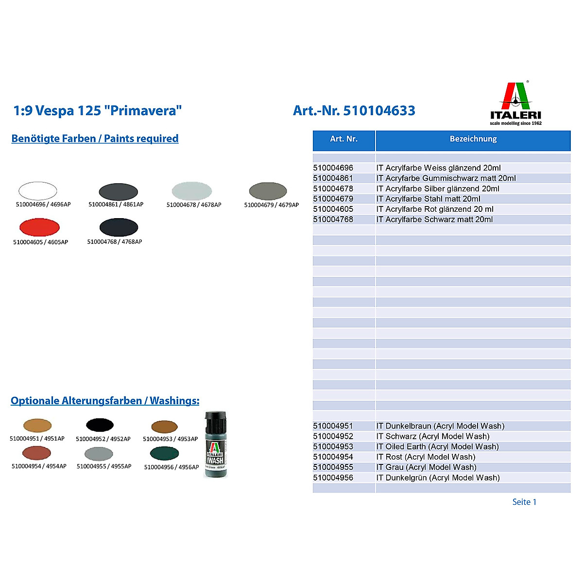 Italeri 4633 510104633-1:9 Vespa 125" Primavera, Model Building, Construction kit, Stand Model Making, Crafts, Hobbies, Gluing, Plastic kit, unpainted
