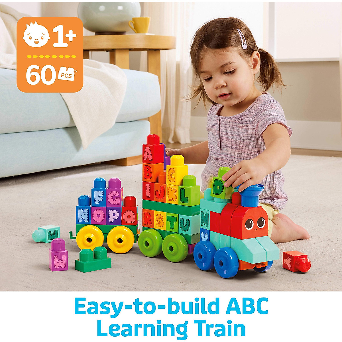 MEGA BLOKS First Builders Toddler Building Blocks Toy Set, ABC Learning Train with 60 Pieces, Ages 1+ Years (Amazon Exclusive)
