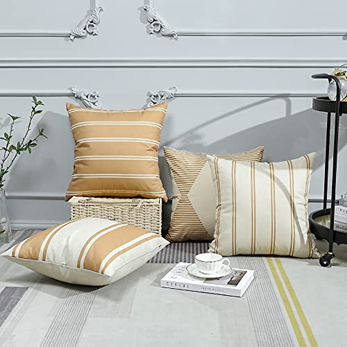 OTOSTAR Pack of 4 Waterproof Throw Pillow Covers 18x18 Inch Geometry Outdoor Decorative Pillow Case Garden Pillow Covers Square Cushion Case Pillows Shell for Patio Furniture Couch Tent (Light Coffee)