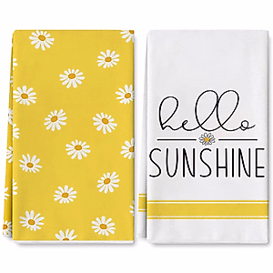 AnyDesign Hello Sunshine Kitchen Towels Summer Yellow Daisy Dish Towel 18 x 28 Inch for Seasonal Decoration Kitchen Bathroom Party Home Decorations Set of 2