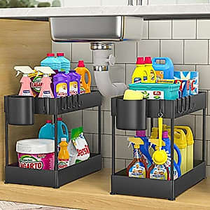 Hekaty 2PCS Under Sink Organizer Shelf Multi-purpose 2 Tier Under Sink Organizer and Storage Bathroom Kitchen Restroom Cabinet Organization and Storage With Cup & Hooks Cleaning Supplies Organizer