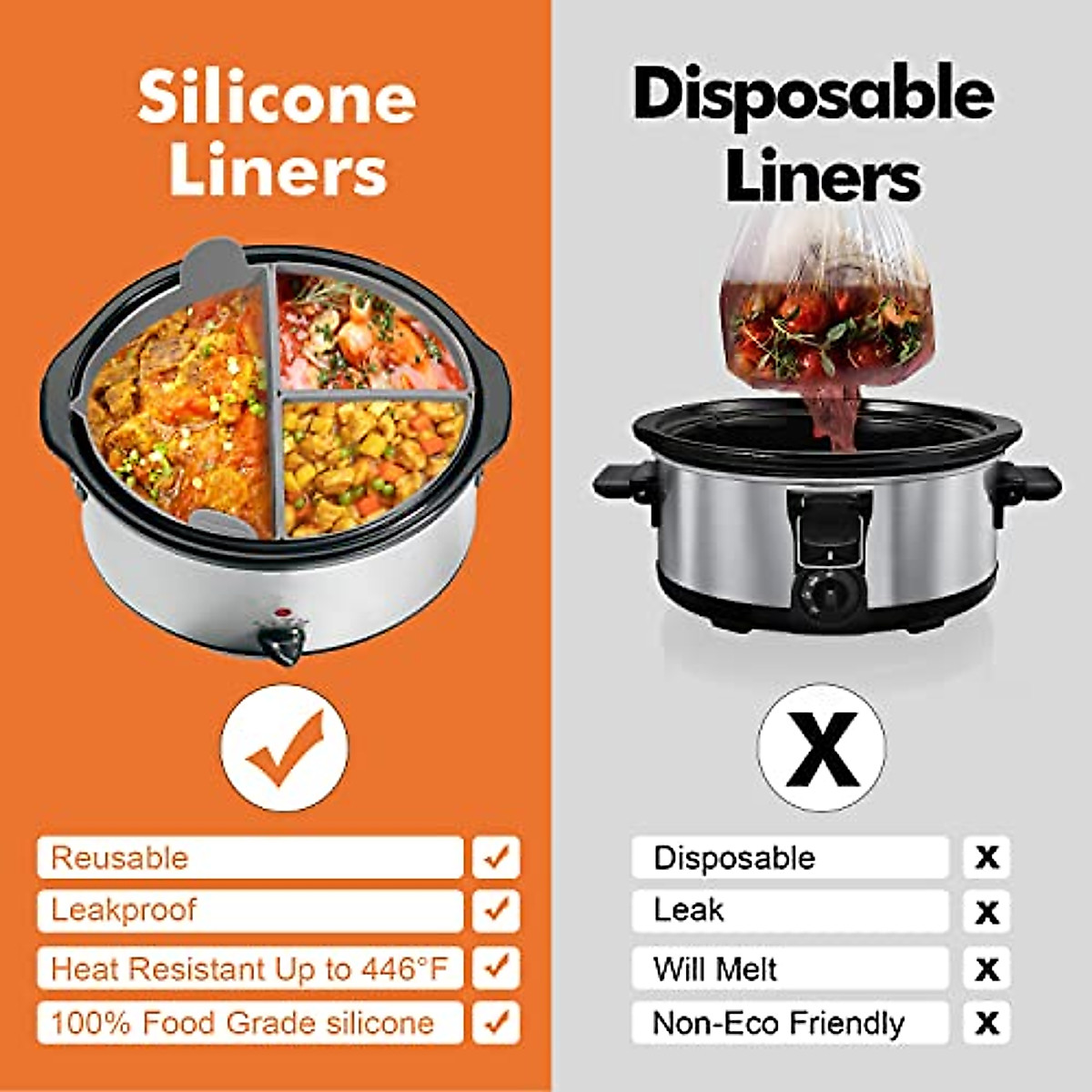 LARMAZEN Silicone Slow Cooker Liners for 6 QT Crock pot & Hamilton Pot, Allows Cooking 3 Foods At Once,Reusable Slow Cooker Divider Insert,Leakproof/Dishwasher Safe/BPA Free (Grey)