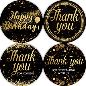 80 Pieces Black Gold Happy Birthday Thank You Stickers, Boy Girl Big Milestone Bday Party Decorate Round Party Gift Wrap Bag Label Decorations, 4 Design Stickers