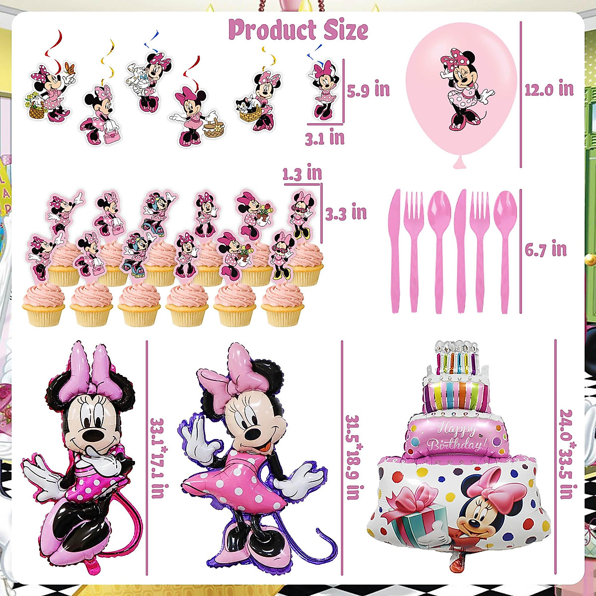 Pink Mouse Party Supplies, Pink Mouse Birthday Party Decorations Include Banner, Hanging Swirls, Cake Foil Balloons, Latex Balloons, Cake Toppers, Tableware, Tablecloth