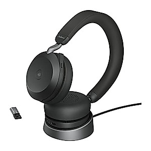 Jabra Evolve2 75 PC Wireless Headset with Charging Stand and 8-Mic Technology - Dual Foam Stereo Headphones with Advanced Active Noise Cancelling, USB-A Bluetooth Adapter and MS Compatibility - Black