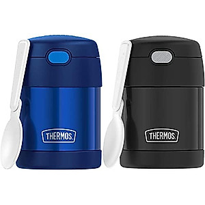 THERMOS FUNTAINER 10 Ounce Stainless Steel Vacuum Insulated Kids Food Jar with Folding Spoon, Navy & FUNTAINER 10 Ounce Stainless Steel Vacuum Insulated Kids Food Jar with Folding Spoon, Black