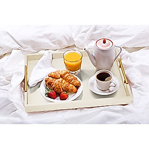 17" x 12" Wood Serving Tray with Gold Polished Metal Handles, Home Decorative Wooden Rectangle Ottoman Decor Platter Bathroom Vanity Tray for All Occasions White