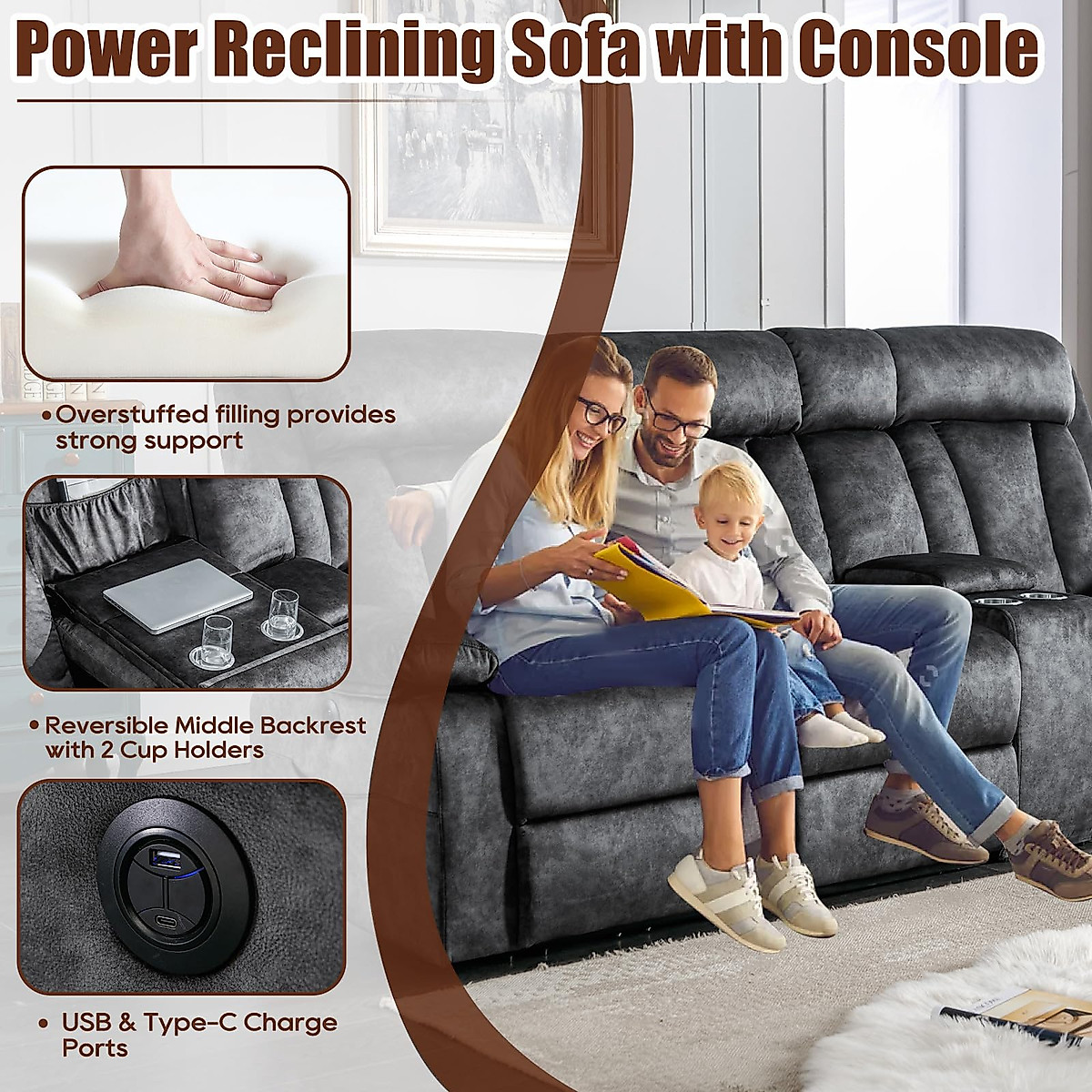 GUEAPY 3 Seater Recliner Sofa Reclining Loveseat with Console Power Reclining Sofa with Heat and Massage, Cup Holders, USB & Type-C Charge Ports for Living Room (Grey)