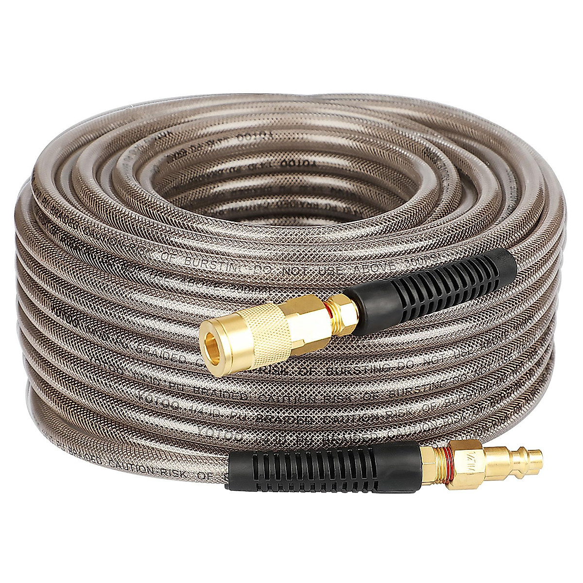 YOTOO Reinforced Polyurethane Air Hose 1/4" Inner Diameter by 100' Long, Flexible, Heavy Duty Air Compressor Hose with Bend Restrictor, 1/4" Swivel Industrial Quick Coupler and Plug, Gray