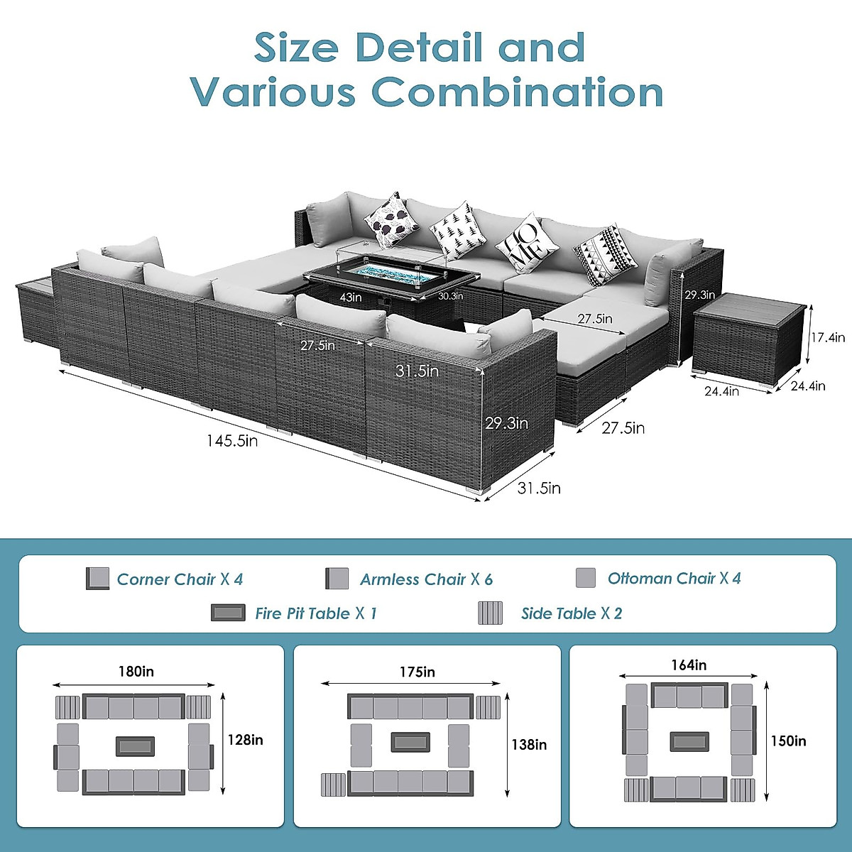 RADIATA PE Wicker Patio Furniture Set Sectional High Back Large Size Sofa Sets with Propane Fire Pit Table 55000 BTU Balcony Rattan Lounge Conversation Sets for Outdoor (17 Pieces,Light Gray)