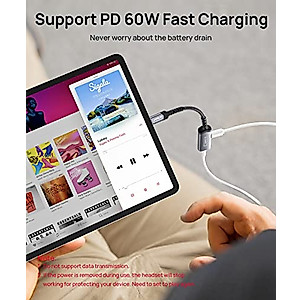 JSAUX USB C to 3.5mm Headphone and Charger Adapter, 2-in-1 USB C to AUX Mic Jack with PD 60W Fast Charging for Stereo, Earphones,Compatible with Galaxy S20/S21/S22 Note 20/10, Pixel 2/3/4 XL,-Grey