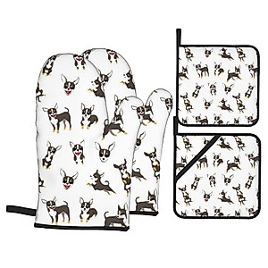 Cute Chihuahua Pattern Oven Mitts and Pot Holders Sets Kitchen Hot Pad Non-Slip Heat Resistant Waterproof Baking BBQ Cooking Gloves(4 Piece)