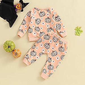 Meiweileya Baby Girl Fall Clothes Floral Cute Pumpkin Sweatshirt Long Pants Set Halloween Outfit Newborn Toddler Clothing (Orange Pink Leopard, 0-6 Months)