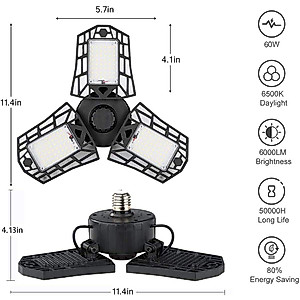 KONPWAY Deformable LED Garage Light - 6000 Lumen 6500K Daylight 60W, Three Leaf Garage Organization Ceiling Lighting