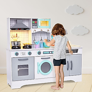 Lil’ Jumbl Kids Wooden Kitchen set, Pretend Working Sink with Real Running Water, includes Range Hood, Microwave & Stove Top That Make Realistic Sound & Light, Full Accessory Set Included