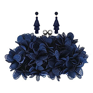 Clutch Evening Bags Satin Floral Appliques Clutch Purses Bohemian Tiered Earring for Women Prom Layered Tassel Earrings (Navy Blue)