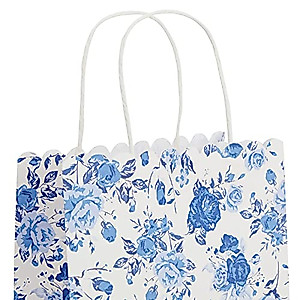 Sparkle and Bash 24 Pack Floral Gift Bags with Handles, Medium Size, All Occasion Blue Rose Flowers (10 x 8 x 4 In)