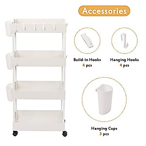 OVAKIA 4-Tier Slim Rolling Utility Cart Storage Shelves Trolley Storage Organizer Shelving Rack with Mesh Baskets/Wheel Casters for Laundry Pantry Bathroom Kitchen Office Narrow Places(White)