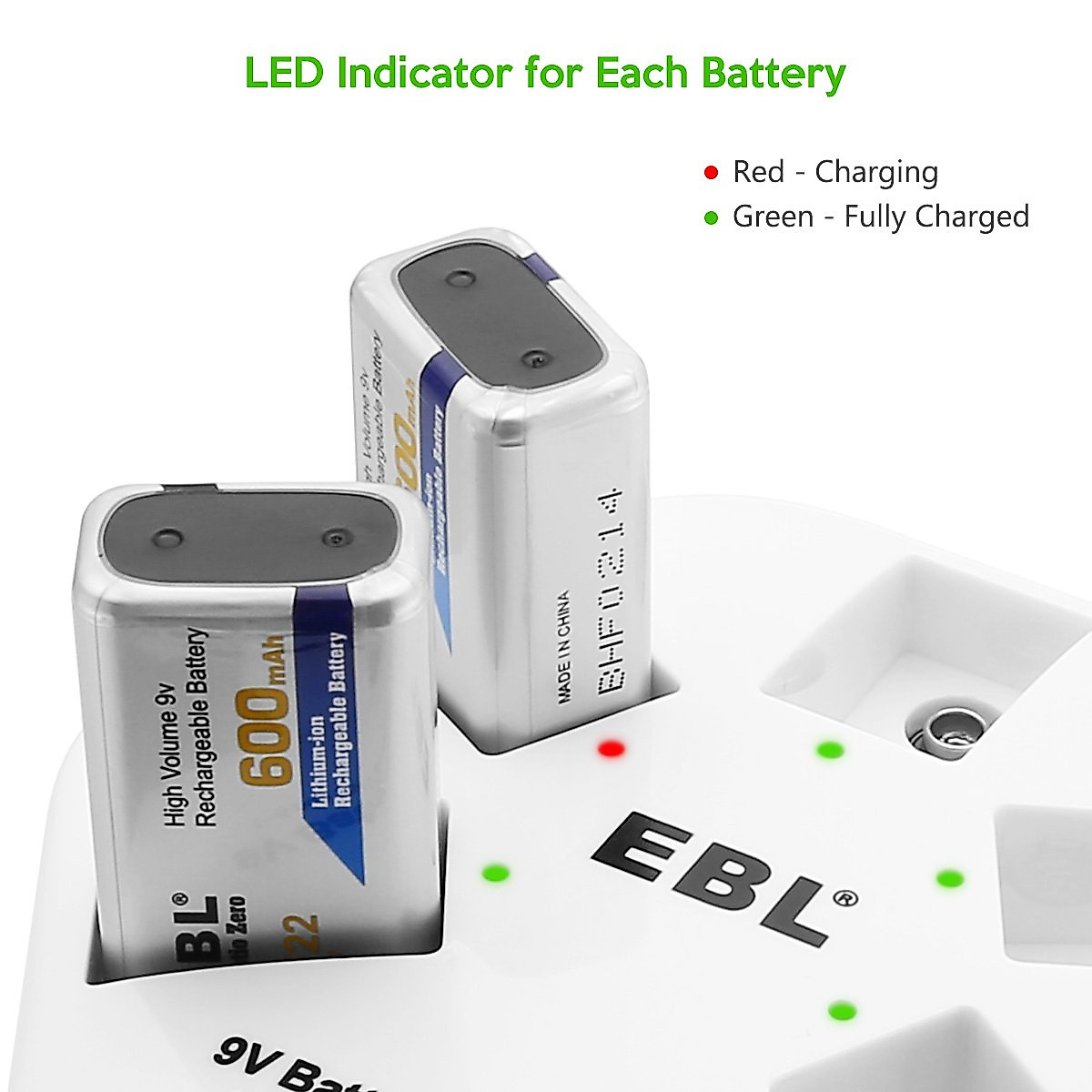 EBL 9V Rechargeable Batteries Lithium ion 9V 600mAh Batteries 600mAh (5 Packs) with 5 Bay 9V Battery Charger 2A Input for Smoke Alarm Detectors