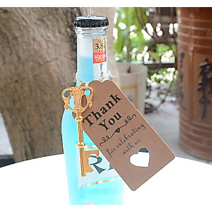 50 Pcs Gold Skeleton Key Beer Bottle Opener With 100 Pcs Thank You Card and 98 Feet Hemp Rope for Wedding Party Favors (50pcs Gold)