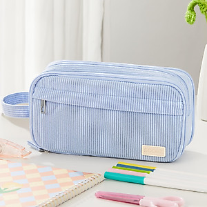 Sooez High Capacity Pencil Case, Soft Corduroy Pencil Pouch with 4 Compartments, Multiple Pockets, Large Pencil Bag with Sturdy Zipper, Cute Pencil Case Pouch Organizer for Student Teen Girls, Blue