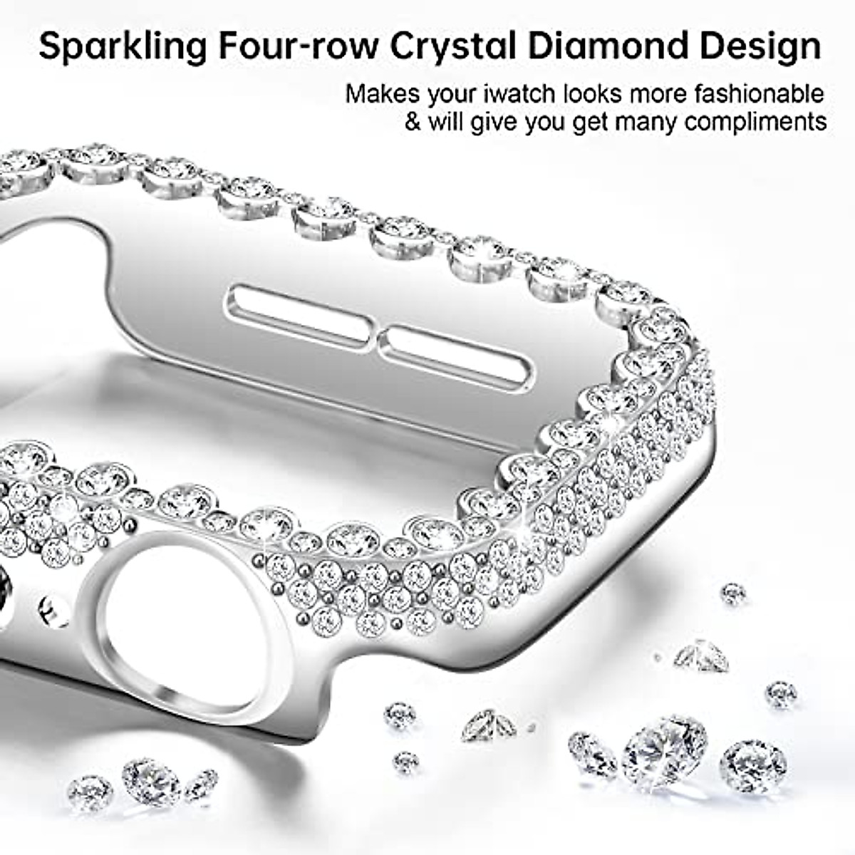 Bling Bumper Case Compatible with Apple Watch Series 6 5 4 Se 44mm,Diamond Protective Face Cover for Women,Hard PC Frame Protector for iWatch 44mm Silver