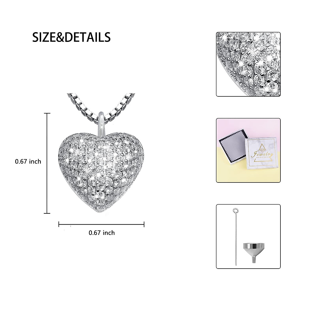 ACJFA Sterling Silver Urn Pendant Jewelry CZ Heart Cremation Necklace for Ashes Keepsake Memorial Jewelry for Women- Forever in My Heart(White)