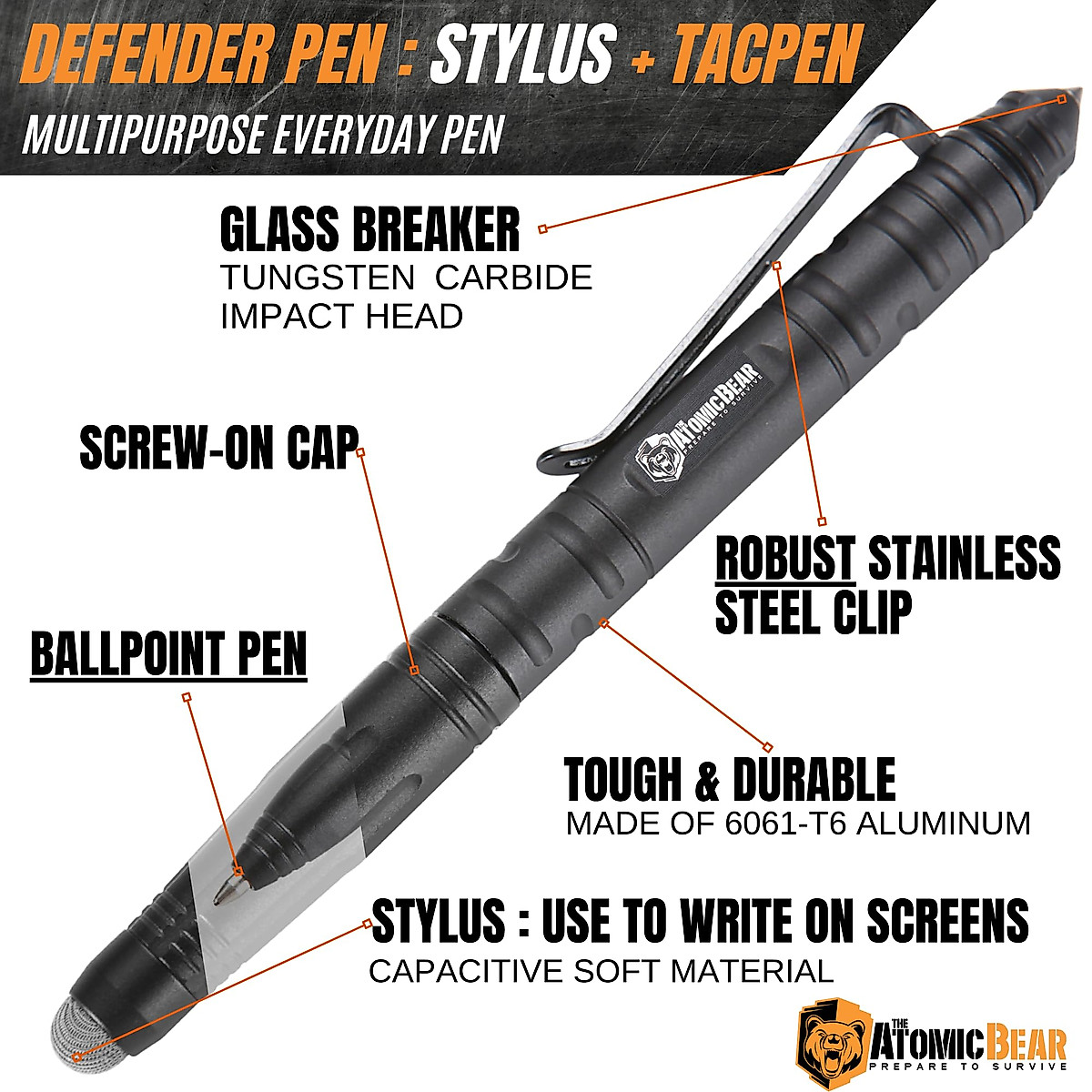 The Atomic Bear Defender Pen with Stylus - Tactical Pen for Self Defense – Emergency Window Breaker – Ballpoint EDC Pens for Tactical Gear – 2 Black & 1 Blue Ink Cartridges