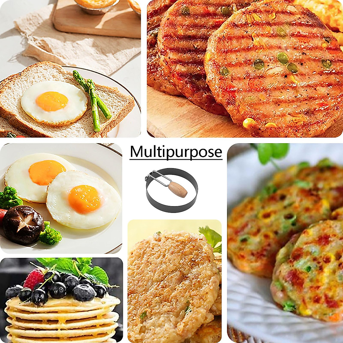 4Pcs Egg Rings With Wooden Handle, 3.5 Inch Egg Rings for Frying Eggs Stainless Steel Fried Egg Cooker Ring With Oil Brush Nonstick Griddle Egg shaper Ring Mold for Breakfast Sandwich English Muffins