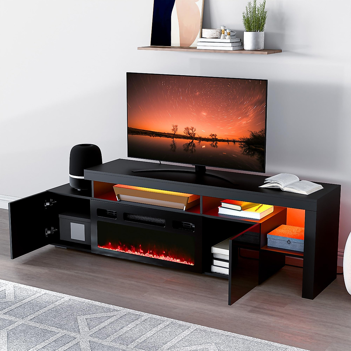 Cozy Castle Extra Long 73.2" Fireplace TV Stand up to 85" TV, High Gloss Entertainment Center with 30" Electric Fireplace, LED Lights and 2 Storage Cabinets, Modern Media Console with Charging Station