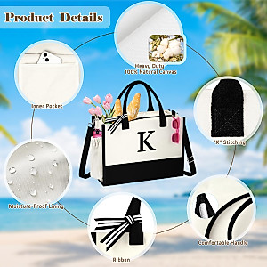 QLOVEA Birthday Gifts for Women 16oz Embroidery Canvas Initial Tote Bag for Women Who Have Everything, Suitable for Travel, Wedding, Beach, Great Gift for Mom, Teachers, Friends, Bridesmaids Letter T