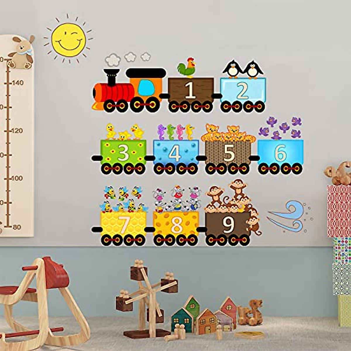 Colorful 9 Number Wall Decals, Creative Figures Sitting in The Train Wall Stickers, Interesting Early Education Digitals Wallpaper, Removable DIY Art Mural for Kids Bedroom, Nursery, Classroom