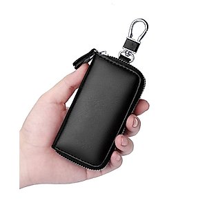 LANZITOER Leather Car Key Case Holder Keychain Case Wallet Zipper Closure For Men And Women (Black)