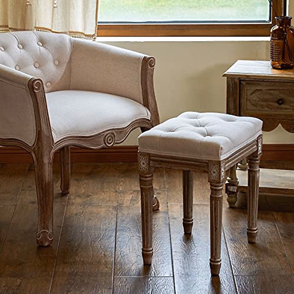 VONLUCE French Vintage Foot Stool with Rustic Wood Legs and Padded Seat, Upholstered Vanity Stool Piano Stool and Entryway Bench, Tufted Fabric Ottoman Stool for Bedroom Living Room More, Beige