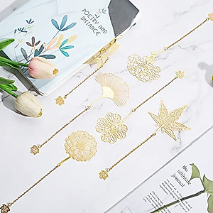 Arycki 6 Pack Metal Bookmarks with Chain,Unique Leaf Plant Gifts Bookmark,Golden Hollow Bookmark for Book Lovers,Women,Men,Writers, Readers, Children, Teens, Adults