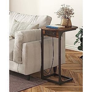 Hzuaneri L Shaped End Table with Charging Station, Bed Side Table with USB Port & Outlet, Couch Table, C Snack Table for Living Room, Bedroom, Rustic Brown and Black ET04901B