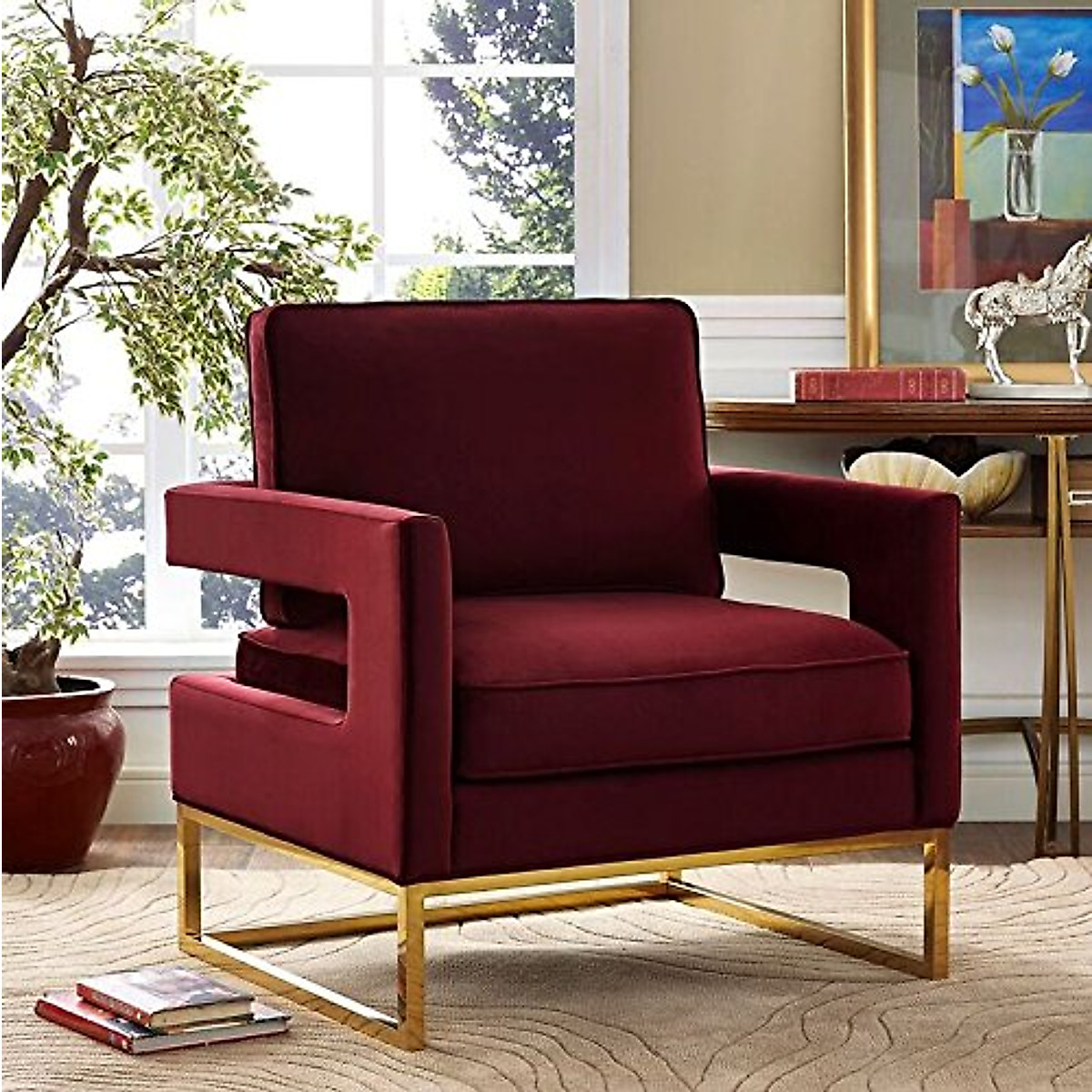TOV Furniture The Avery Collection Modern Style Living Room Den Leather Upholstered Armchair with Gold Legs, Maroon