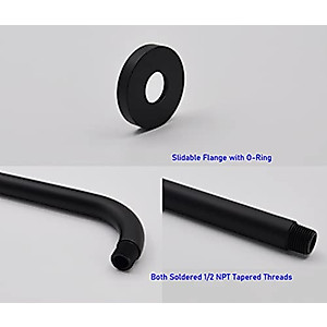 Aquaiaw Shower Arm and O-Ring Flange, 12 inch, Solid Brass, Round, Both 1/2 NPT Tapered Threads, Bent Shower Arm, Wall Mount Shower Head Extension Arm, Rainfall Shower Head Arm (Matte Black)